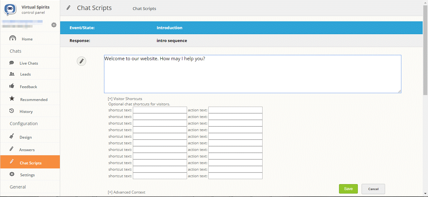 Step-by-step: how to edit the chatbot's intro sentence and shortcuts